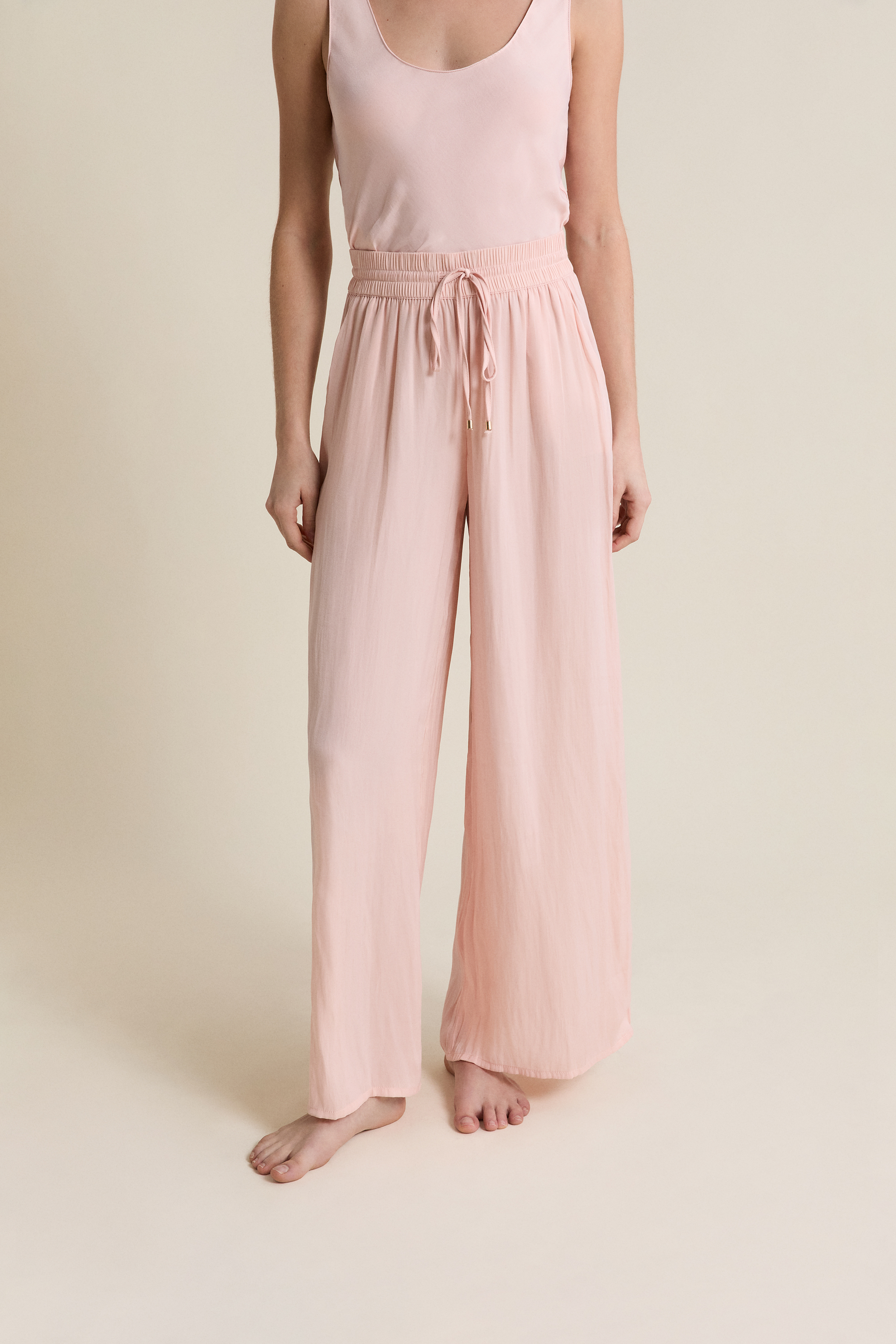 Kalhoty satinové široký střih CHEETA ROSE POUDRE - ETAM